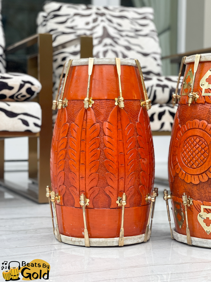 Indian Dholki | Orange Engraved | – SikhTreats